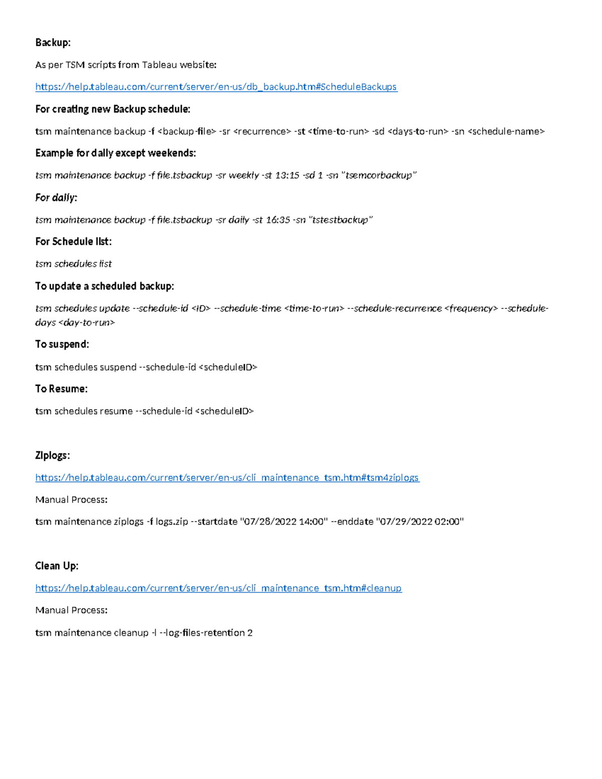 TSM Scripts - For Tableau Server work - Backup: As per TSM scripts from Tableau website: - Studocu