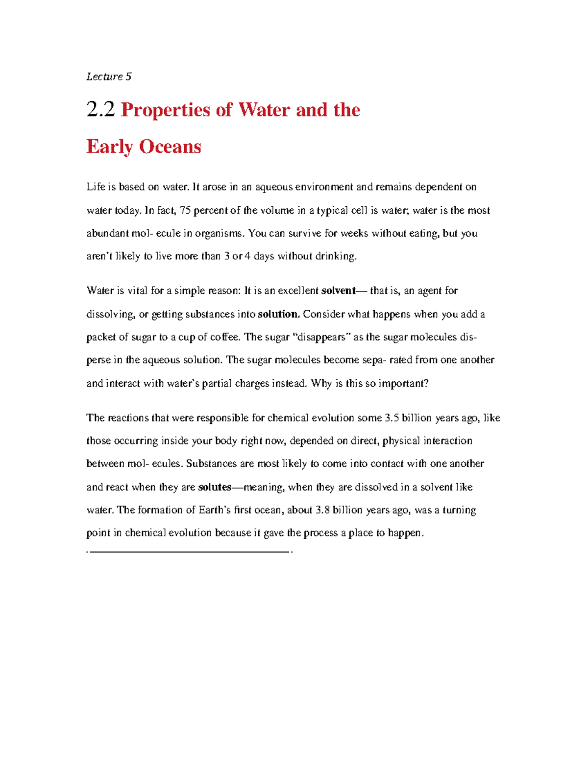 Lecture 5 - Lecture 5 2 Properties of Water and the Early Oceans Life ...