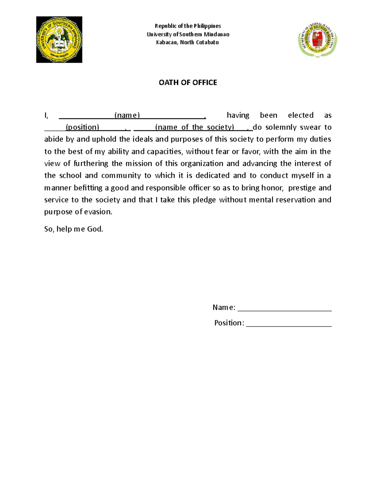 Oath - Hehehegehef - Republic of the Philippines University of Southern ...