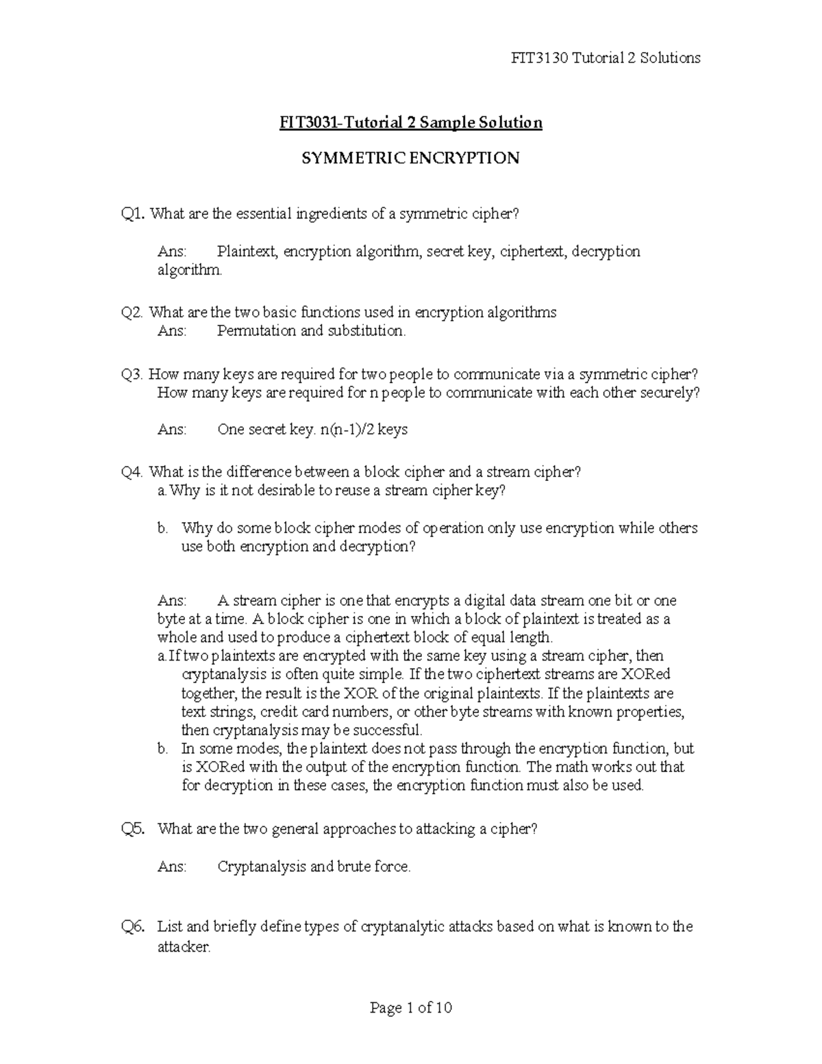 Tutorial 2 Solution - FIT3130 Tutorial 2 Solutions FIT3031-Tutorial 2 ...
