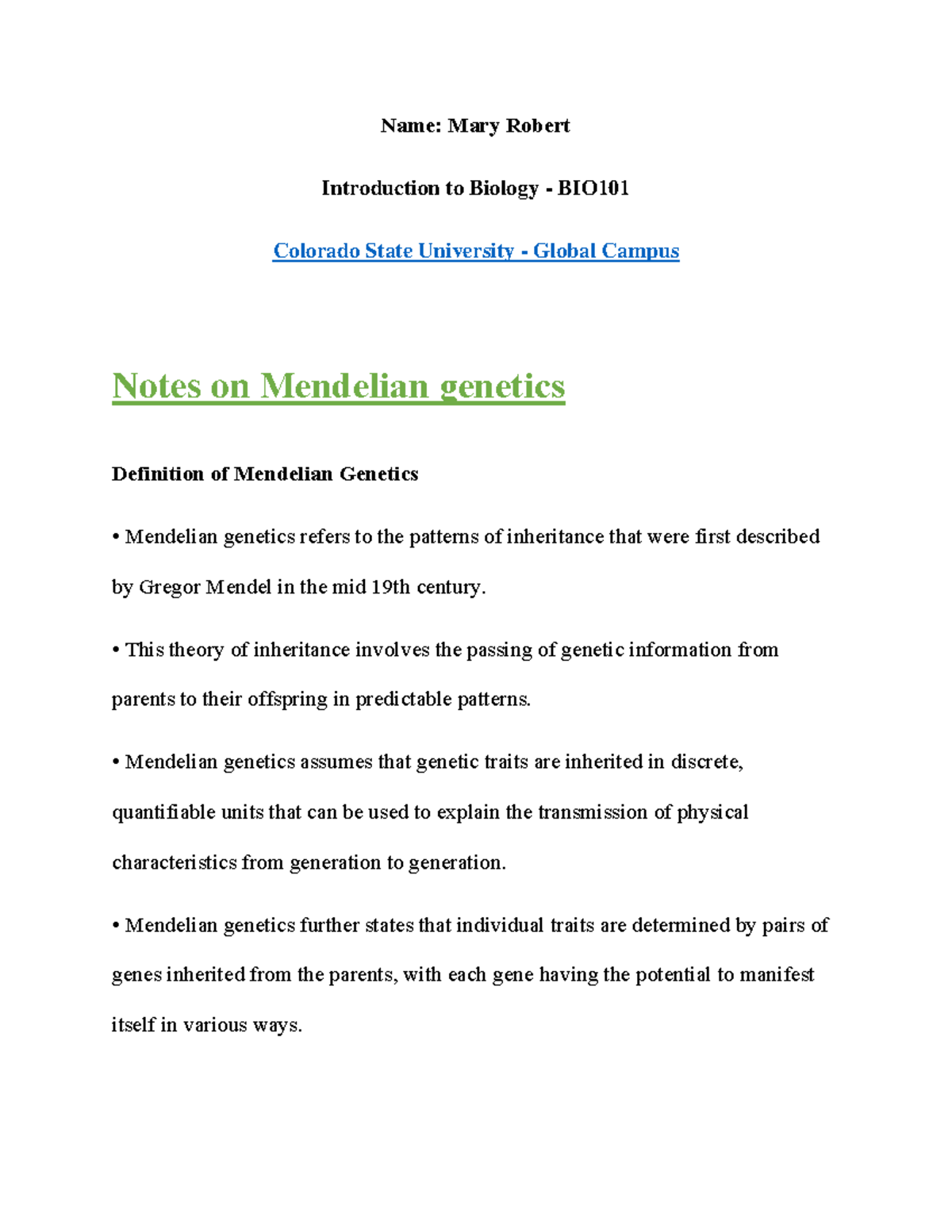 Mendelian genetics - This notes is made using lecture material and ...