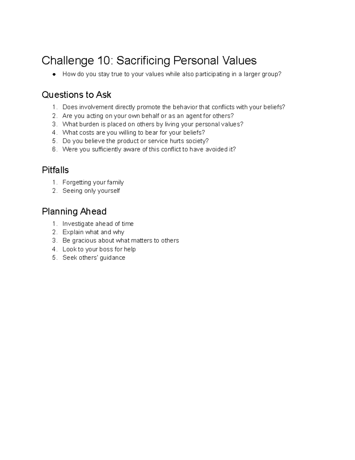 Challenge Sacrificing Personal Values - Challenge 10: Sacrificing ...