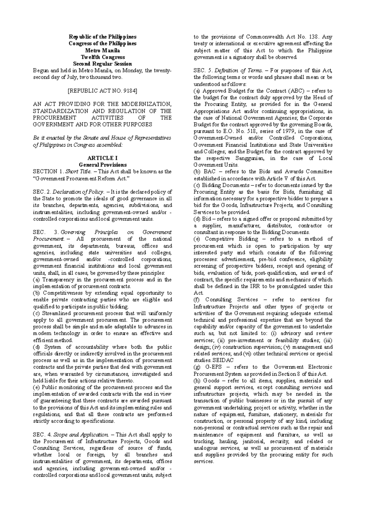 RA 9184 - REPUBLIC ACT NO. 9184 - Republic of the Philippines Congress of the Philippines Metro ...