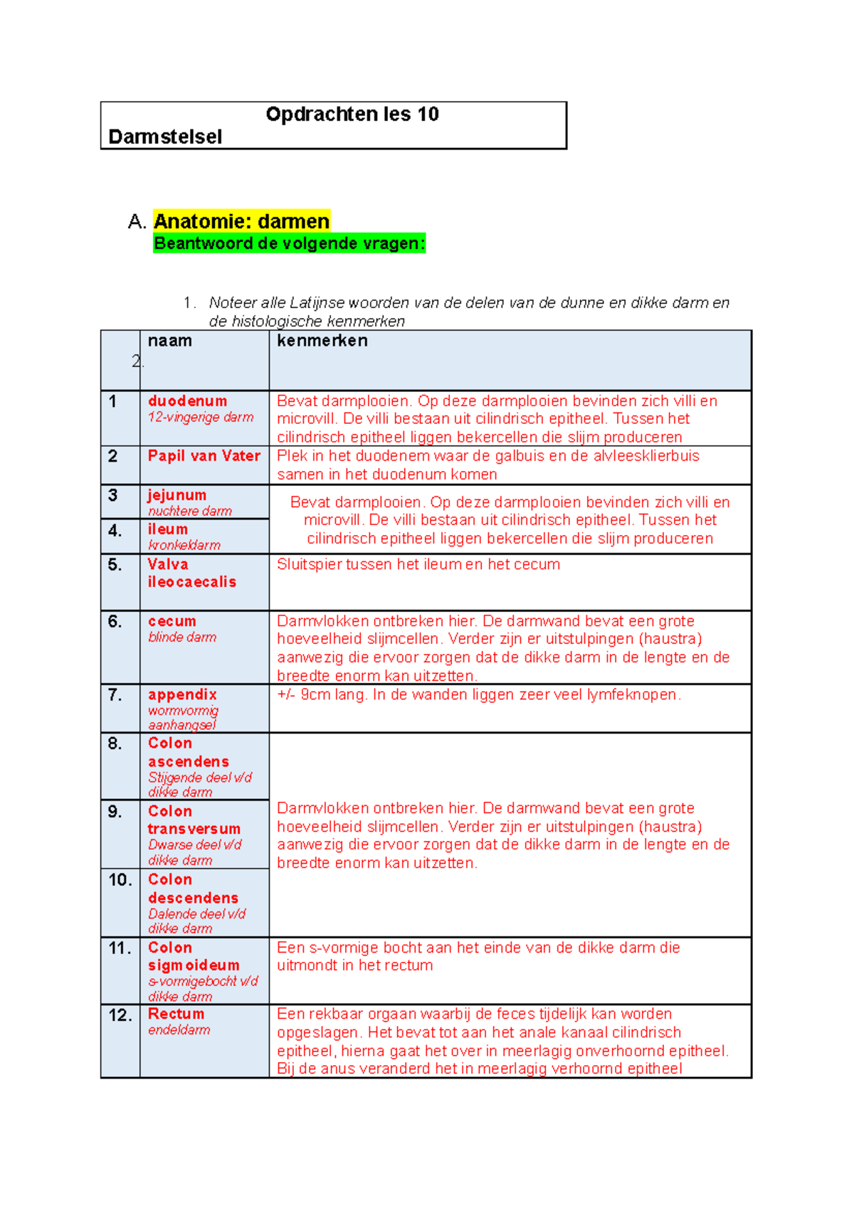 Histologie leerjaar 2 (2) - Opdrachten les 10 Darmstelsel A. Anatomie ...