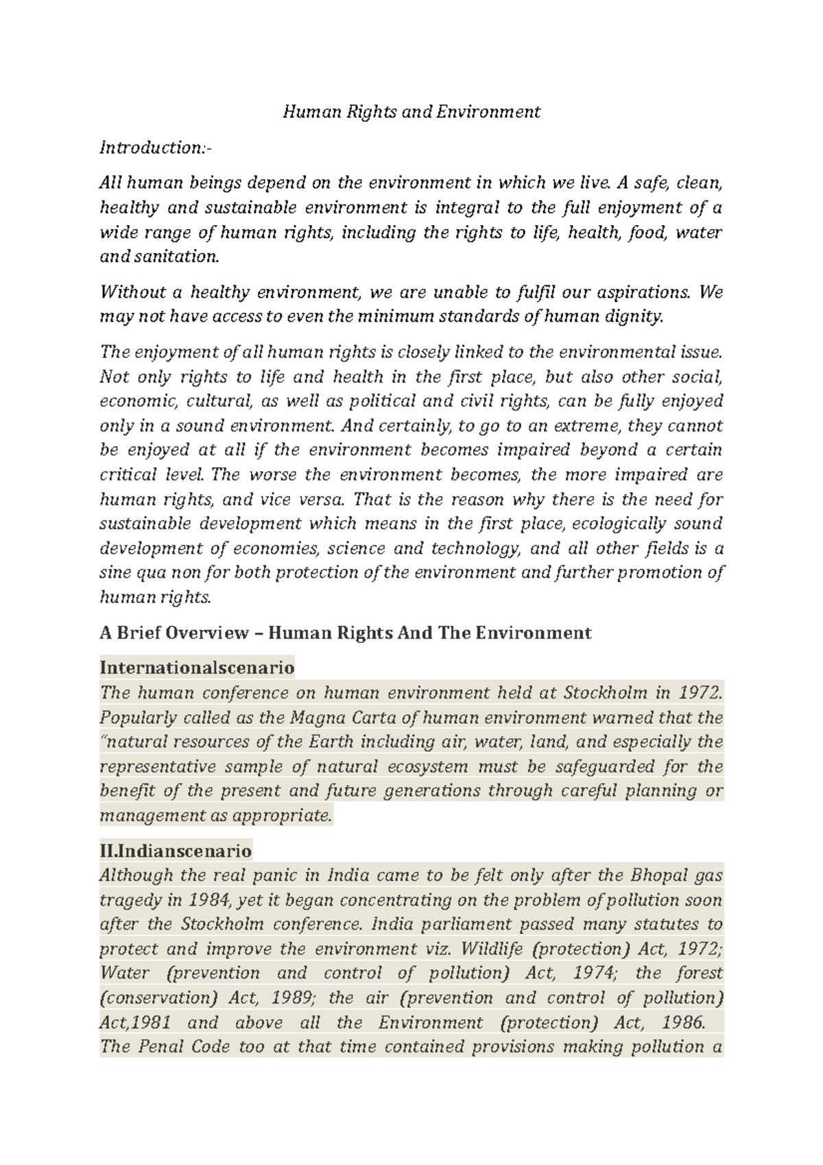 LLB Project - Human Rights and Environment Introduction:- All human ...