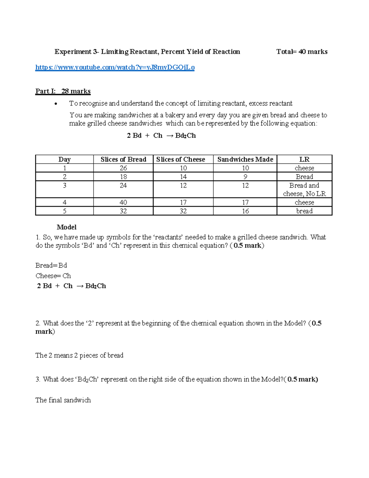 Limiting Reactants Work Sheet - Experiment 3- Limiting Reactant ...