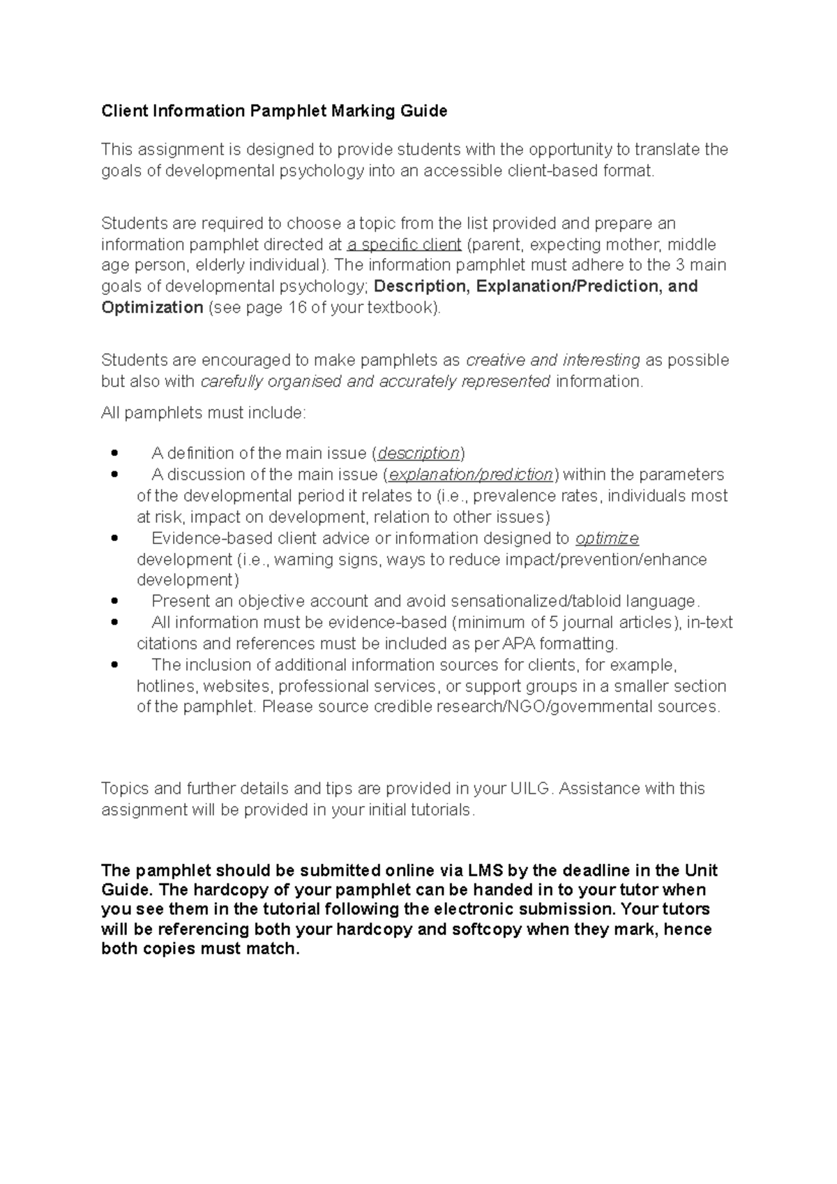 Client Information Pamphlet Marking Guide - Students are required to ...