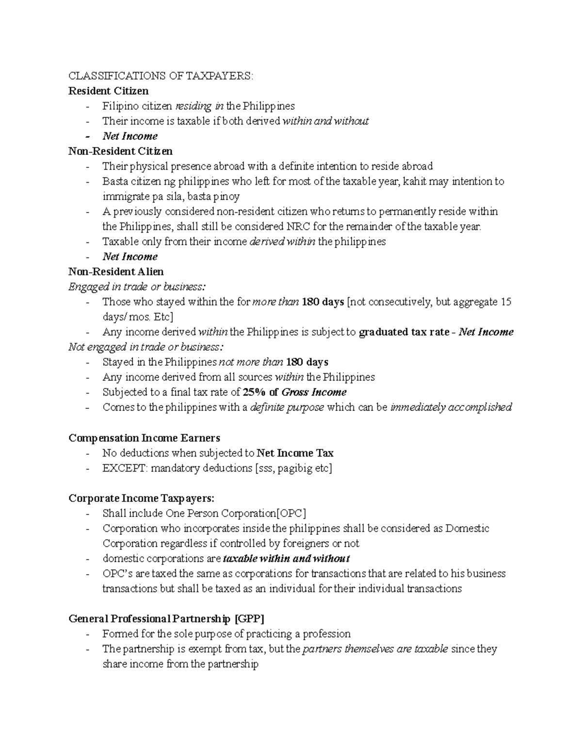 Income- Taxation - none - CLASSIFICATIONS OF TAXPAYERS: Resident ...