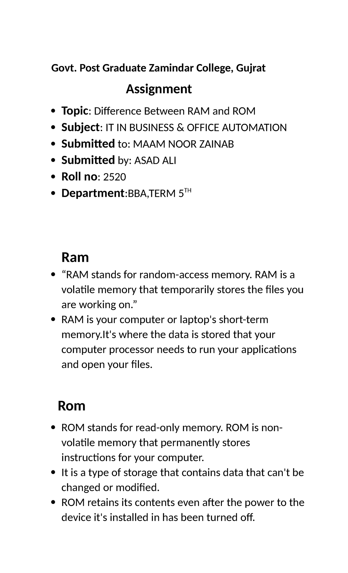 Ram and rom - Govt. Post Graduate Zamindar College, Gujrat Assignment ...