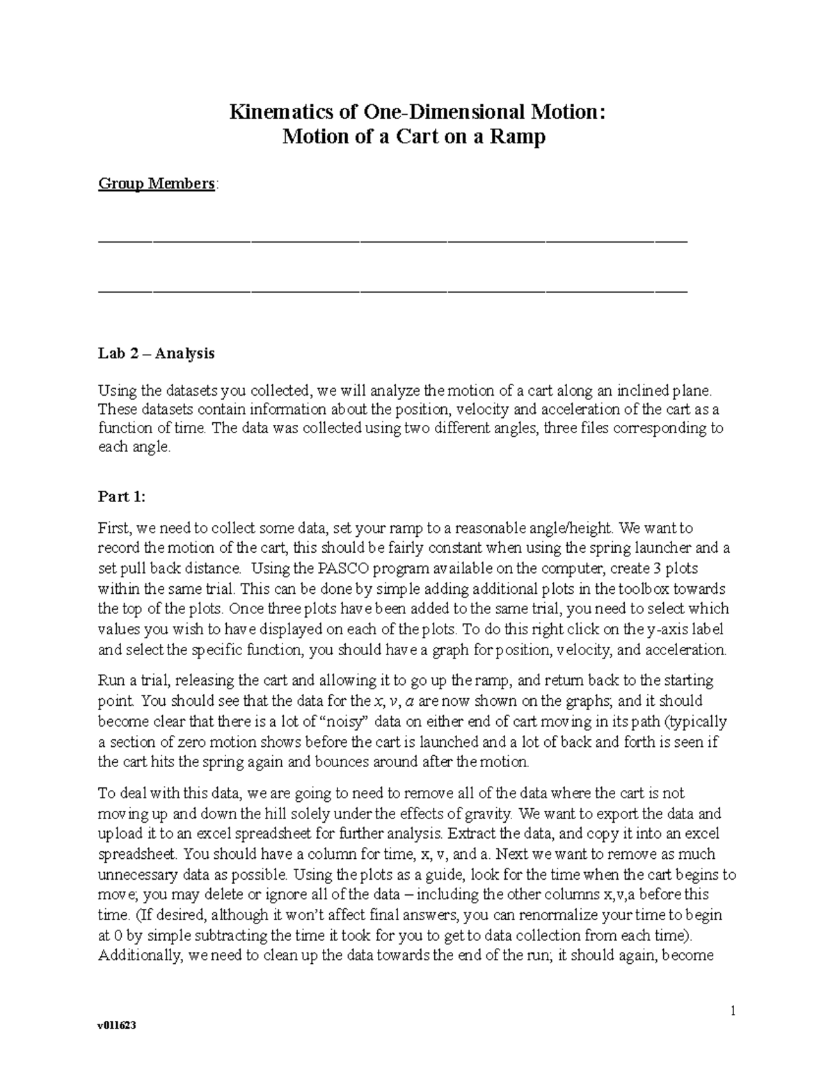 PHYS 101 Lab 2 Kinematics of One-Dimensional Motion Worksheet ...