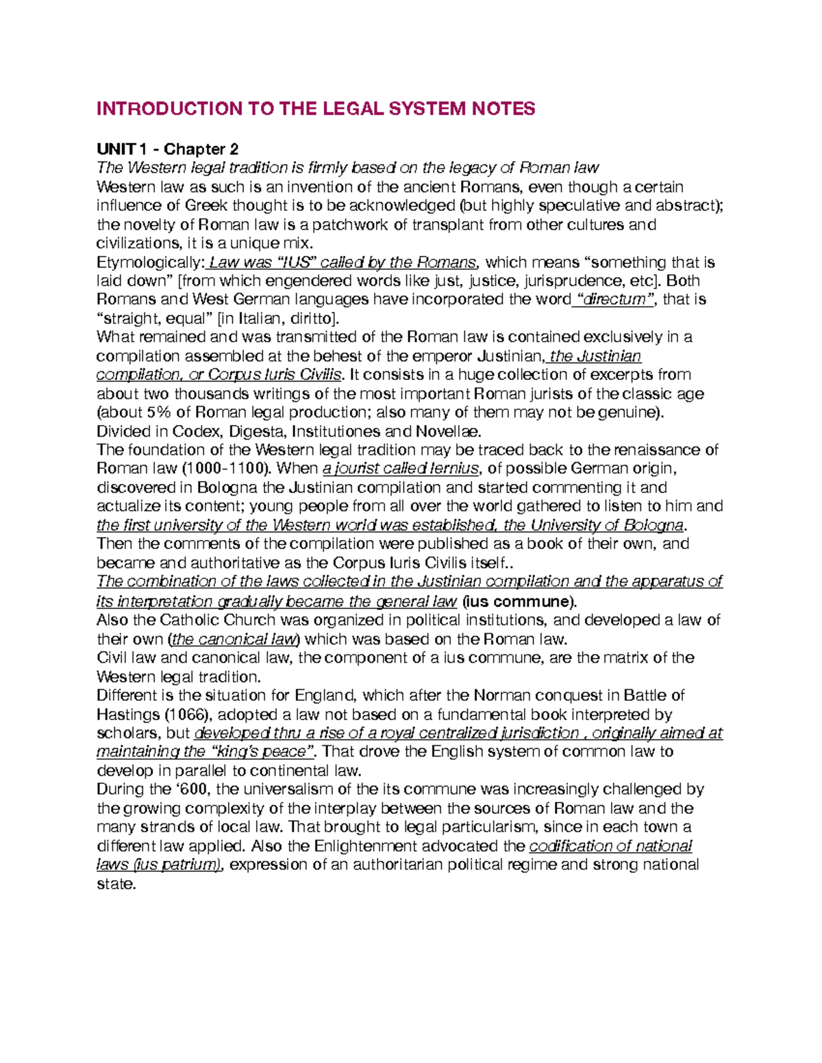 Legal System - notes - INTRODUCTION TO THE LEGAL SYSTEM NOTES UNIT 1 ...
