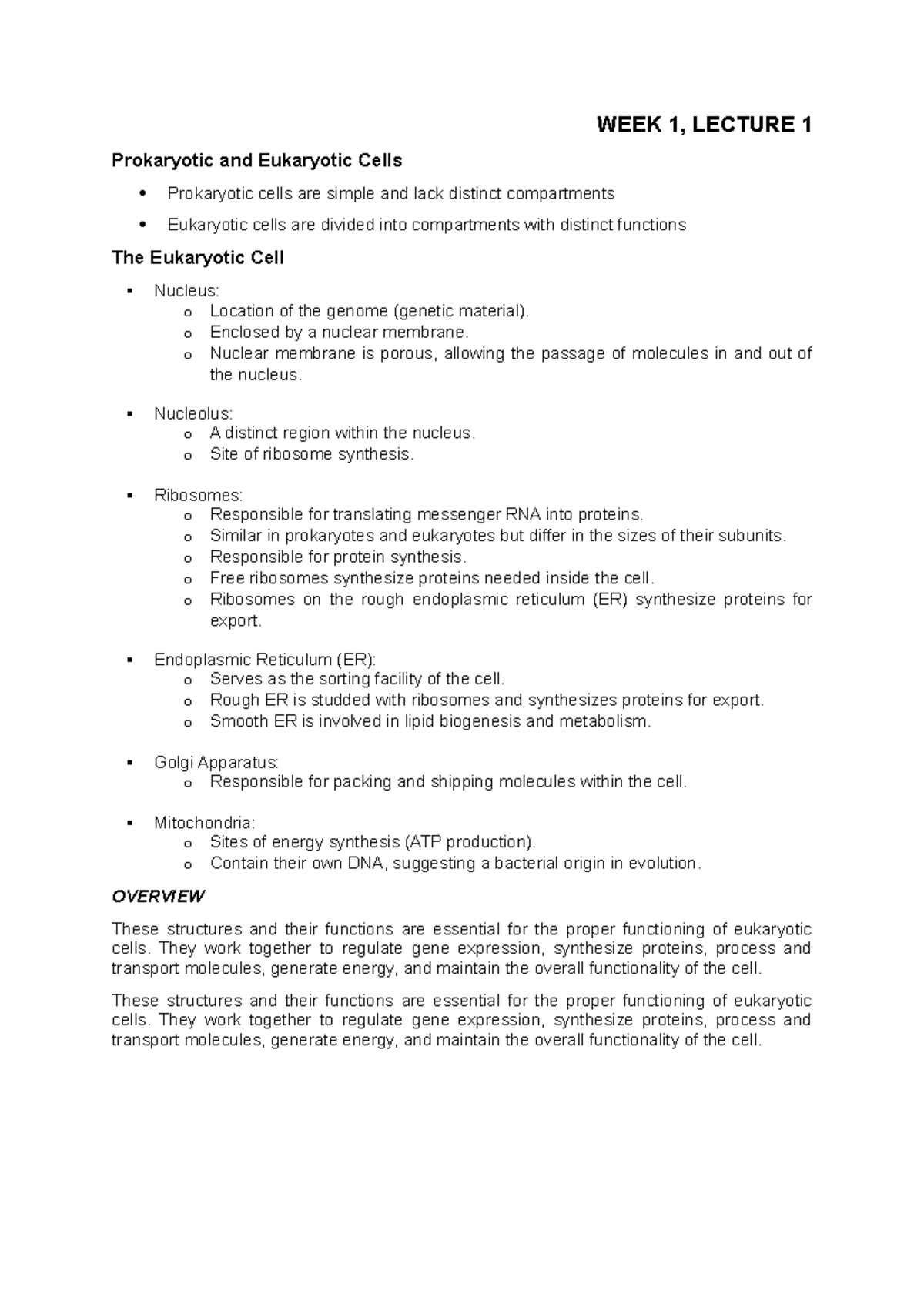 Summary Notes Unit 1 - WEEK 1, LECTURE 1 Prokaryotic and Eukaryotic ...