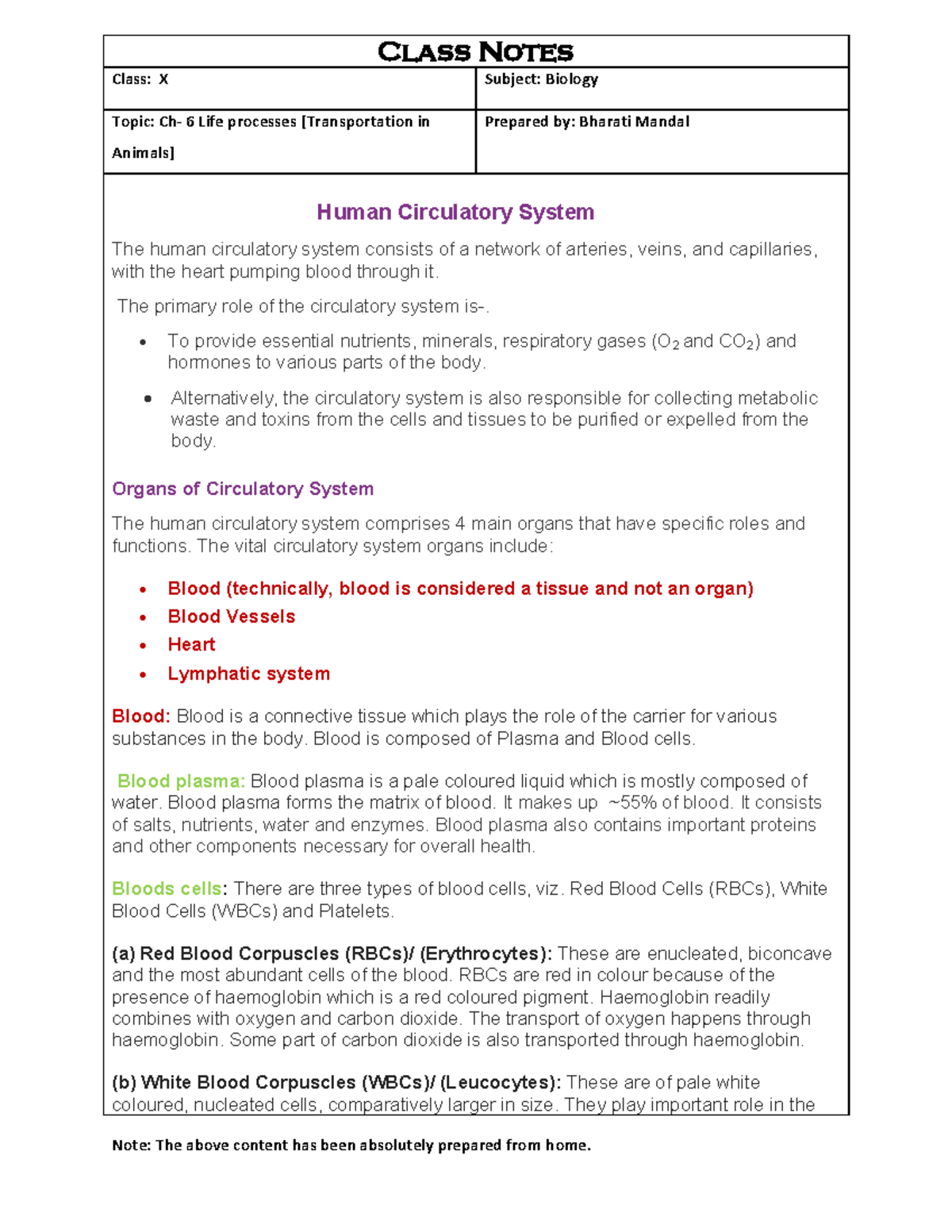Human Circulatory System - Class Notes Class: X Subject: Biology Topic ...