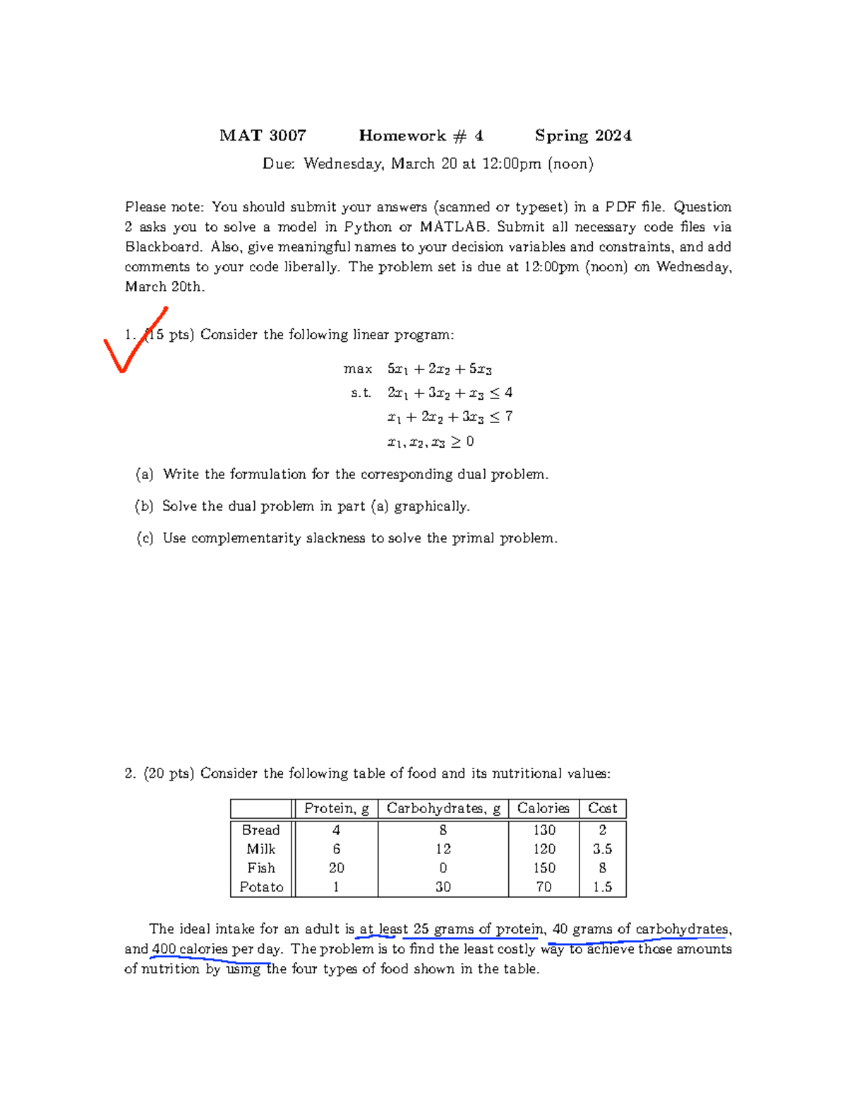 MAT3007 HW4 Spring 24 - MAT 3007 Homework # 4 Spring 2024 Due: Wednesday, March 20 at 12:00pm ...