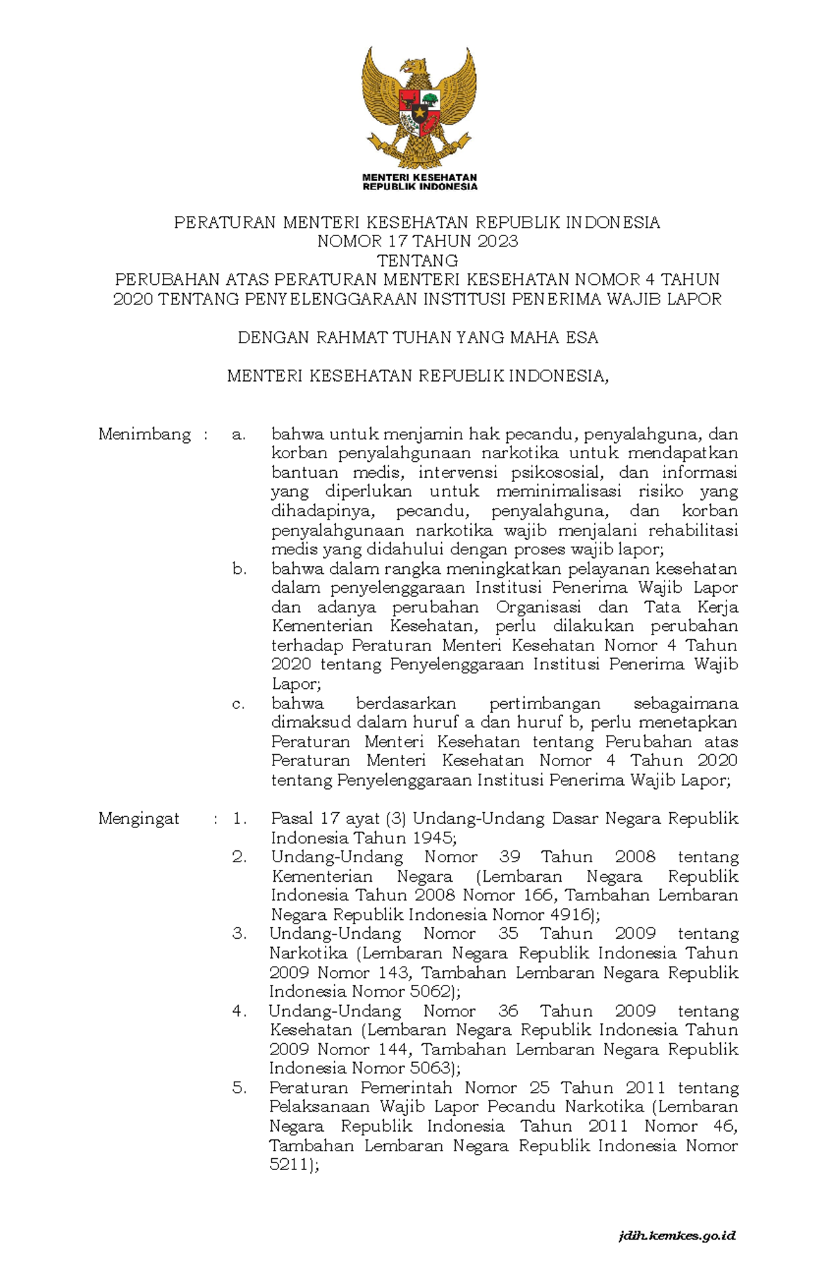 PMK No. 17 Th 2023 ttg Perubahan PMK No. 4 Th 2020 ttg Penyleenggaraan Institusi Penerima Wajib ...