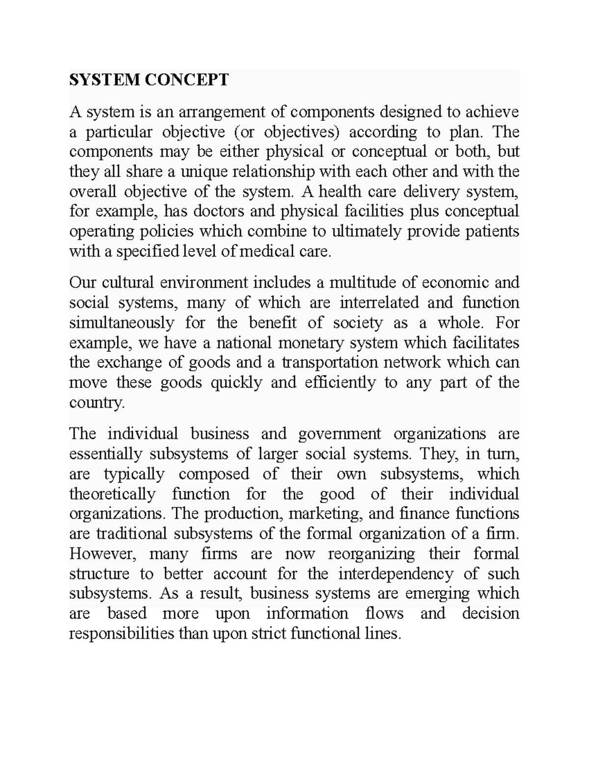 System concept full notes - SYSTEM CONCEPT A system is an arrangement ...