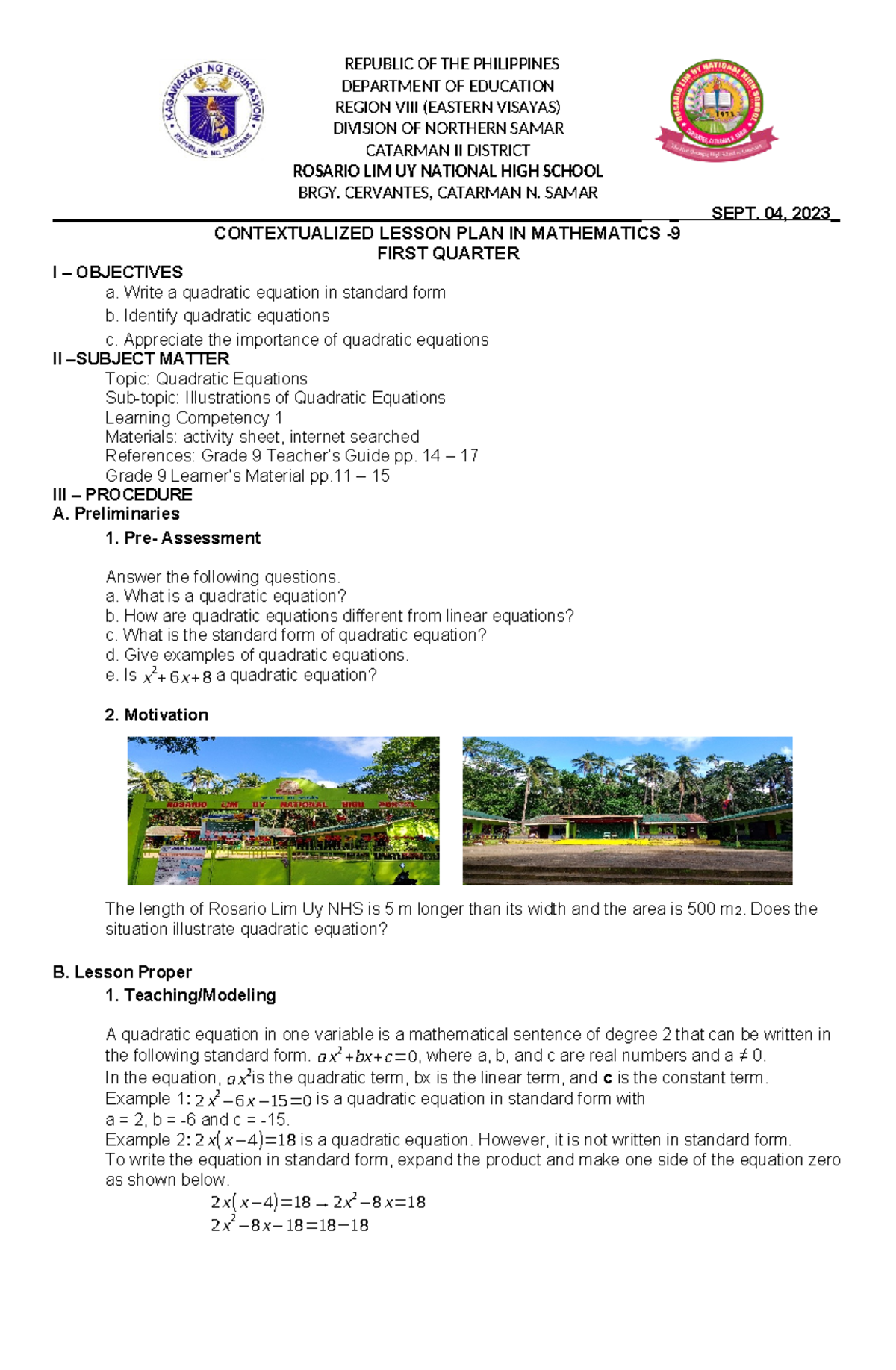 Illustration OF Quadratic Equation - REPUBLIC OF THE PHILIPPINES ...