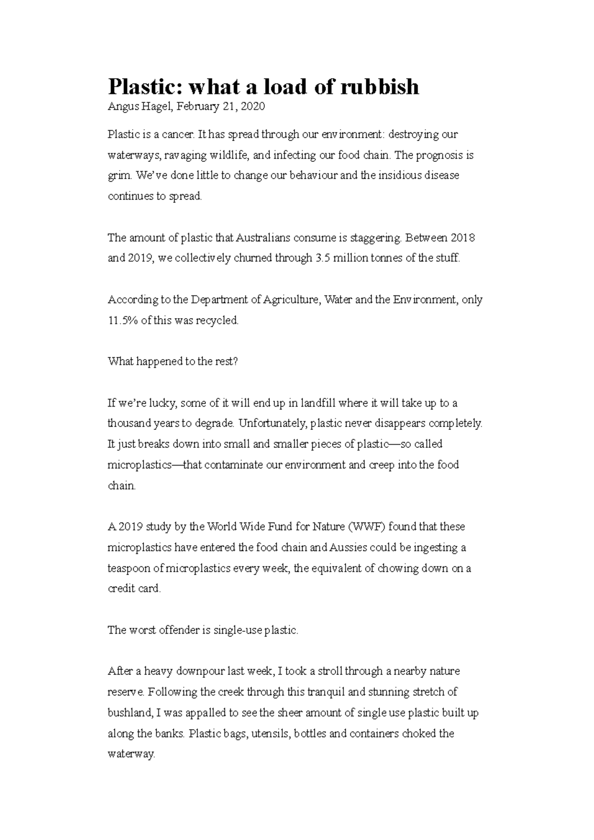 Lesson 1 Persuasive Article - Plastic: what a load of rubbish Angus ...