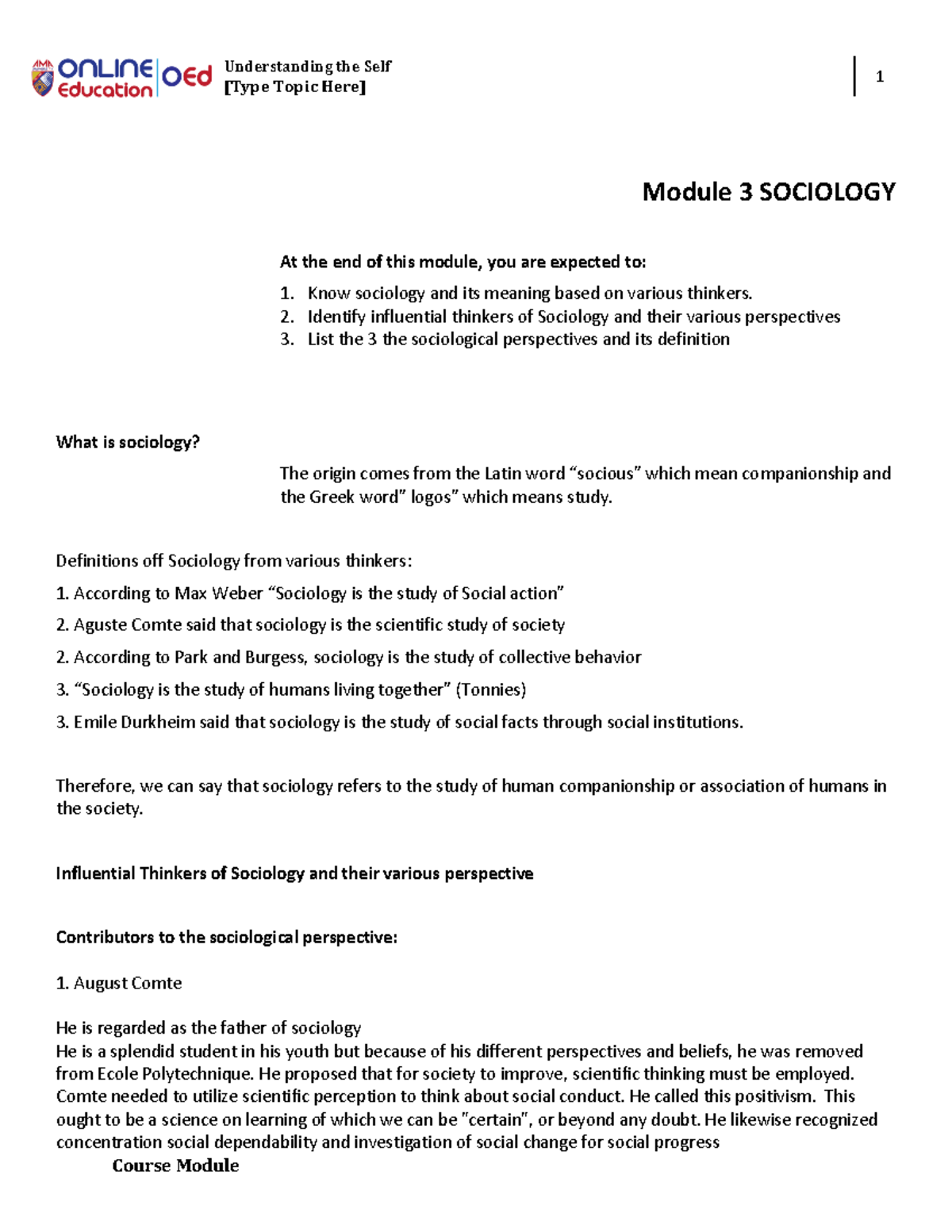 Week 2 Module 1 and 2 The self from various perspective - Understanding the Self [Type Topic ...