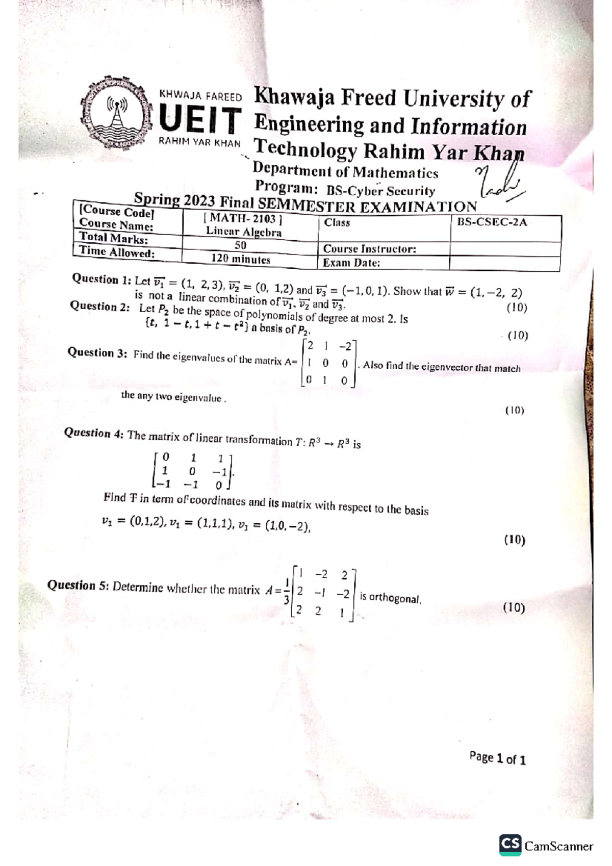 Cyber security math paper - linear algebra - KFUEIT - Studocu