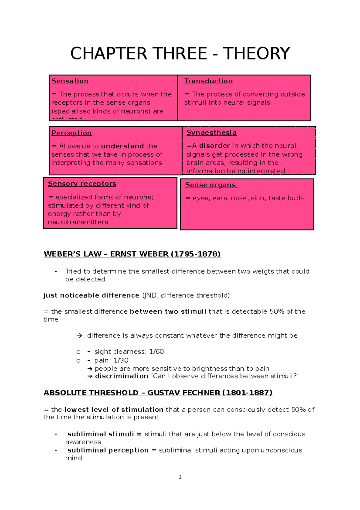 Chapter 3 Perception - CHAPTER THREE - THEORY WEBER’S LAW – ERNST WEBER ...