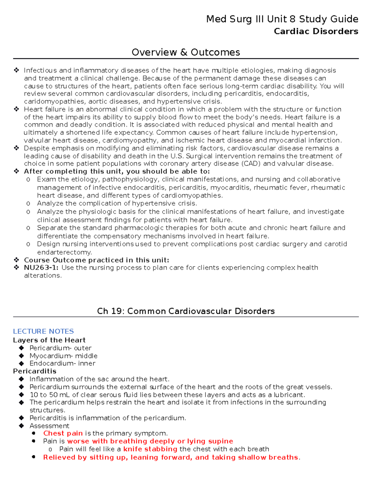 Unit 8 Study Guide - Med Surg III Unit 8 Study Guide Cardiac Disorders ...