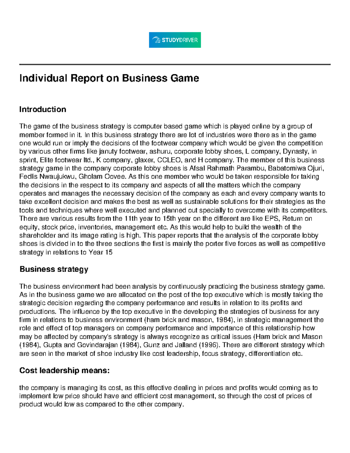 Individual Report on Business Game - Individual Report on Business Game ...