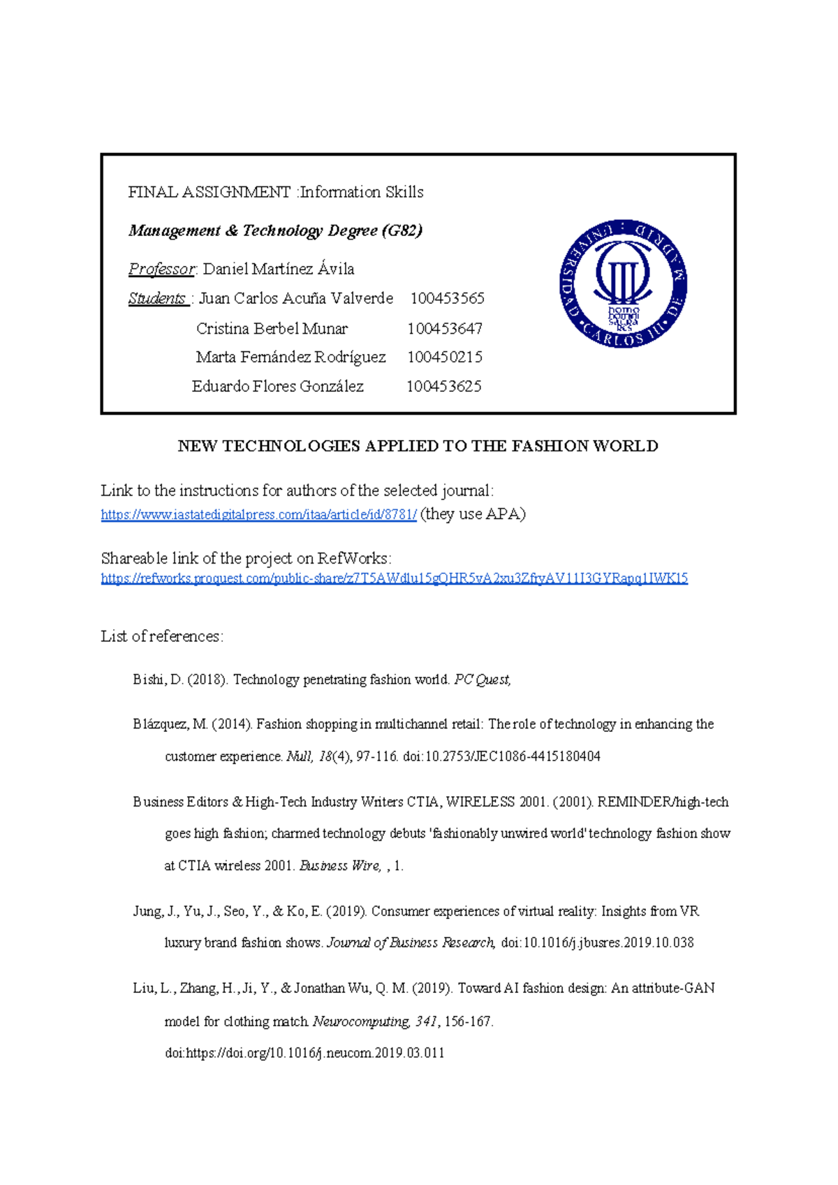 Final Project TBUI - NEW TECHNOLOGIES APPLIED TO THE FASHION WORLD Link ...