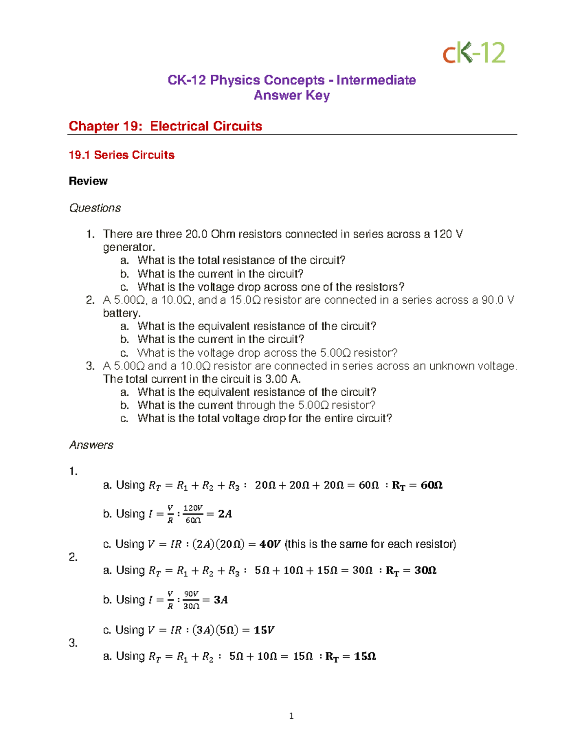 Phys Int CC Ch 19 - Electrical Circuits - Answers PDF - CK-12 Physics ...