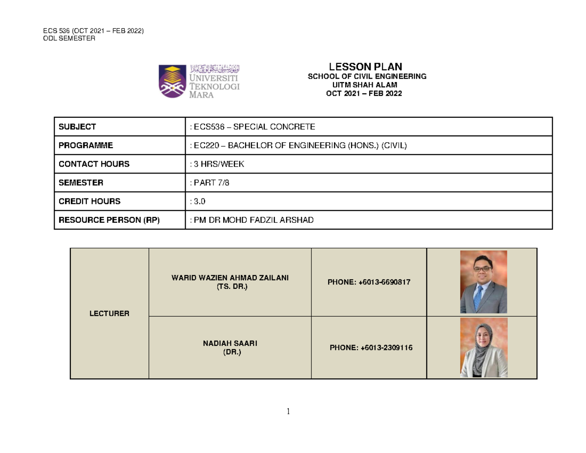 Special Concrete ECS536 Lesson PLAN OCT 2021 - FEB 2022 (ODL) - ODL ...
