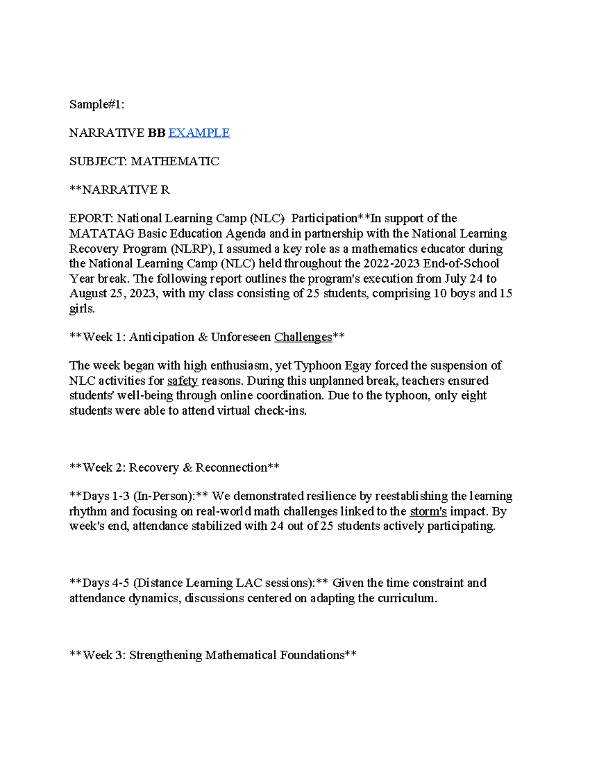1. Sample#1 - Sample#1: NARRATIVE BB EXAMPLE SUBJECT: MATHEMATIC ...