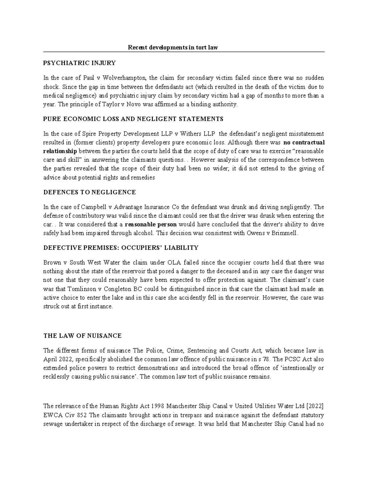 Recent development in law of tort - Recent developments in tort law ...