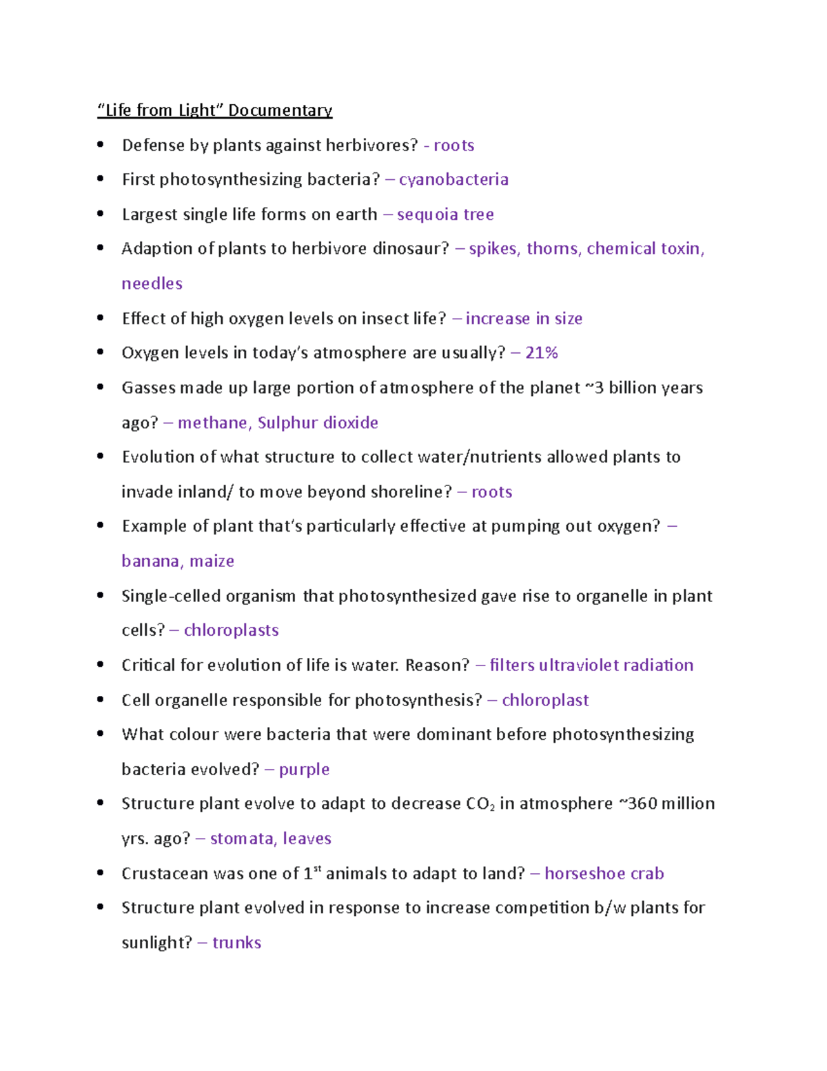 Bio Documentary Q's - Bio questions to videos - “Life from Light ...