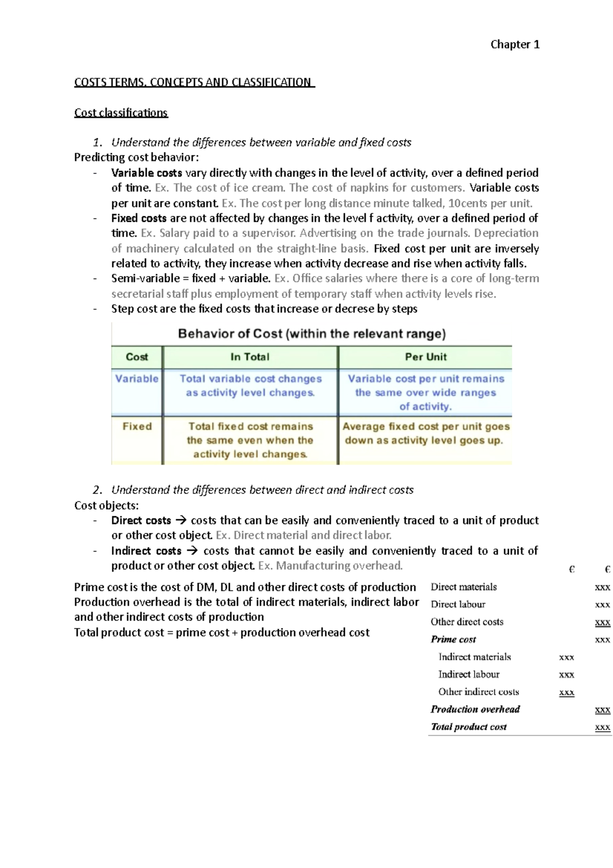 Chapter 1 - Chapter 1 COSTS TERMS, CONCEPTS AND CLASSIFICATION Cost classifications Understand ...