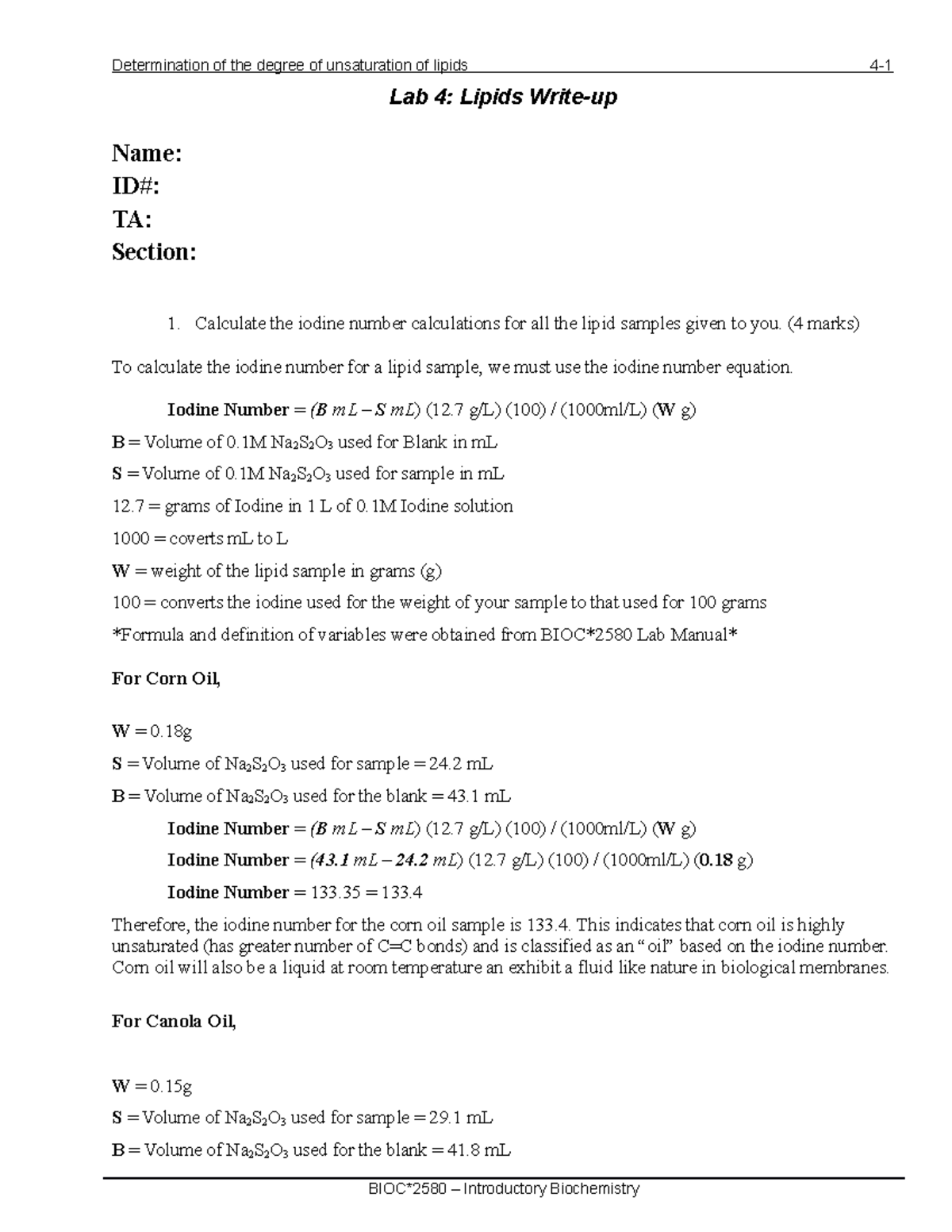 Lipid Lab Write Up - Determination of the degree of unsaturation of ...