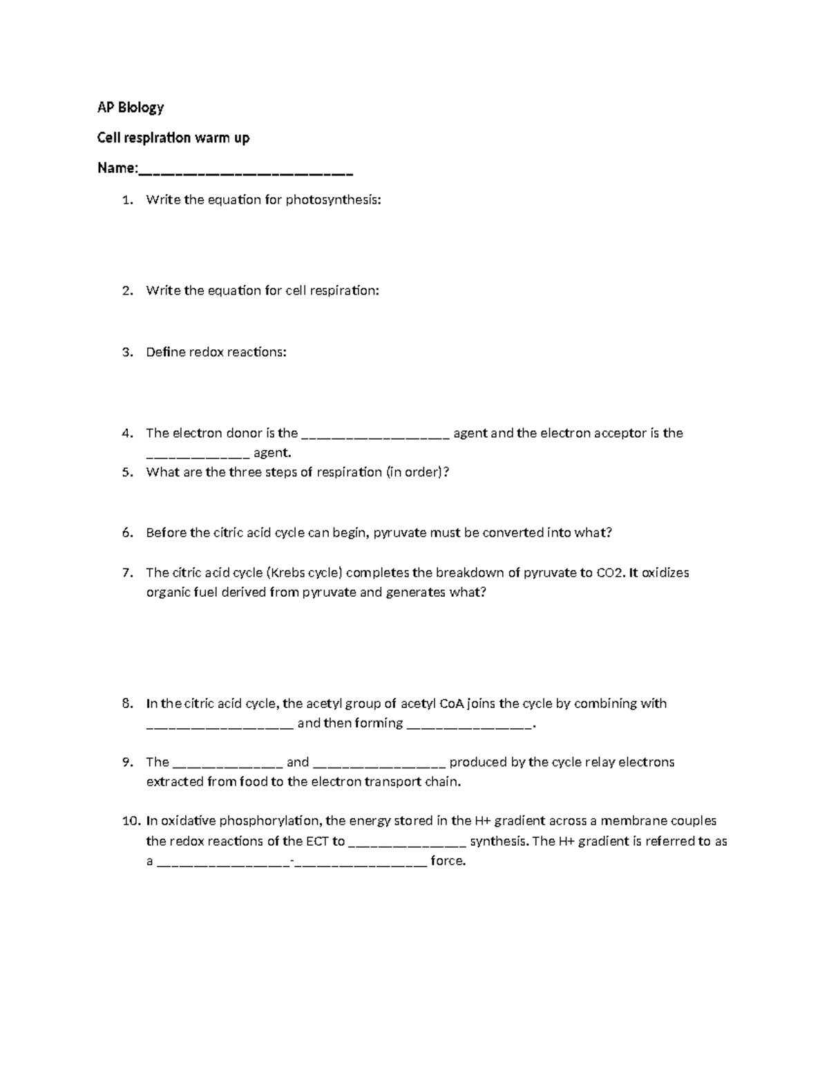 Respiration warm up - warm up - AP Biology Cell respiration warm up ...