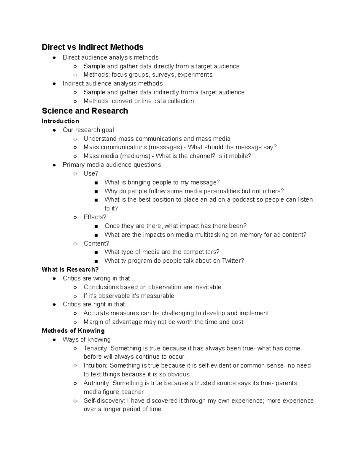 Audience Analysis better notes - Direct vs Indirect Methods Direct ...