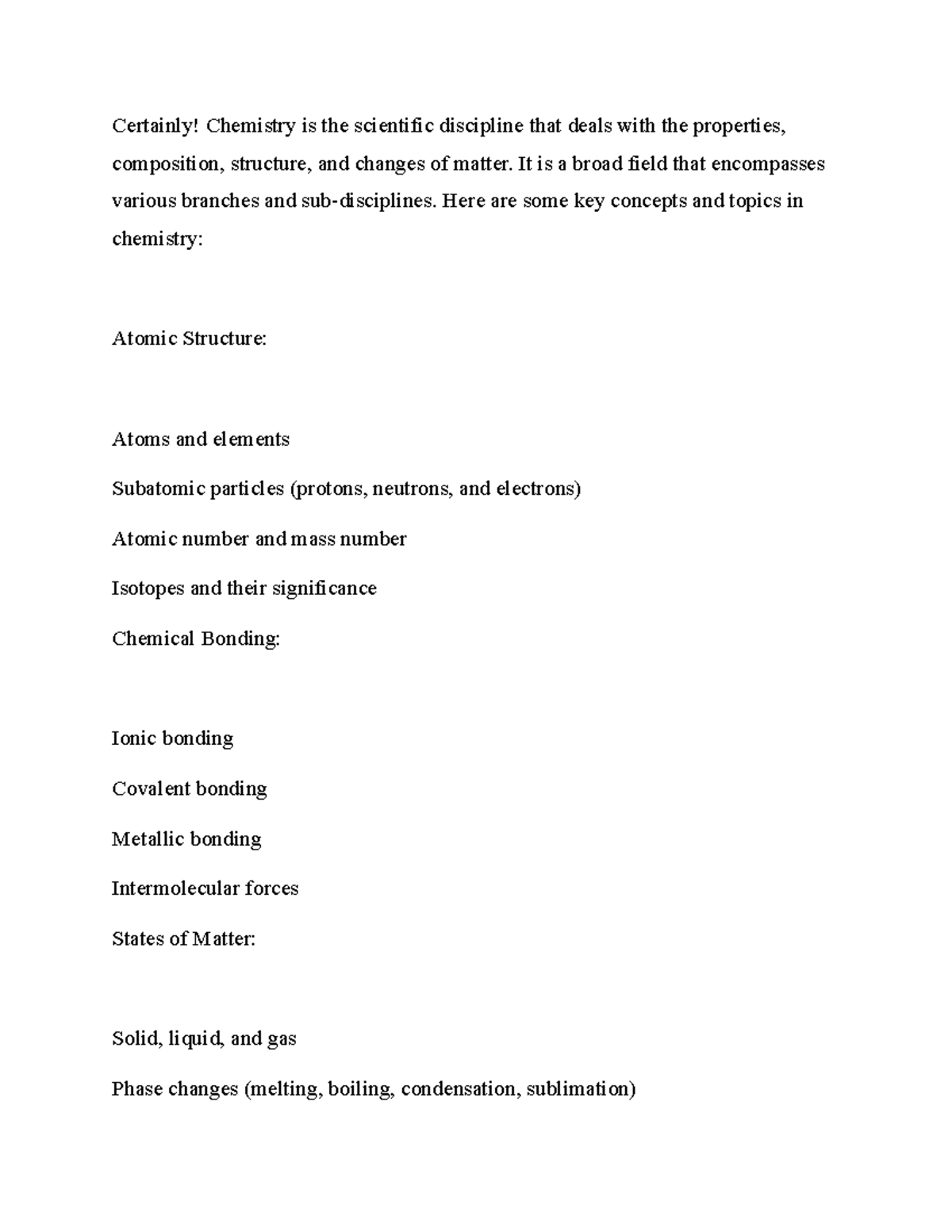 Chemistry notes Second - Certainly! Chemistry is the scientific ...