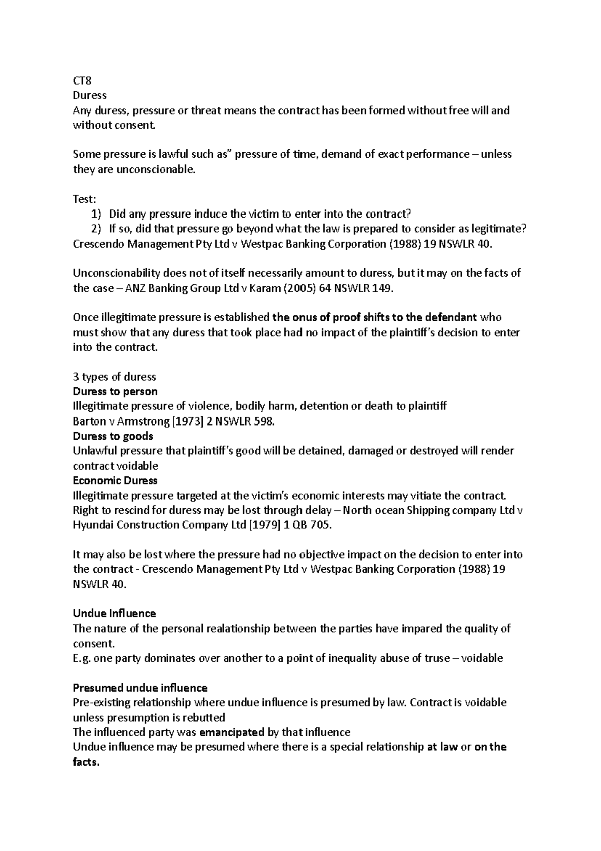 CT8 notes - CT Duress Any duress, pressure or threat means the contract ...