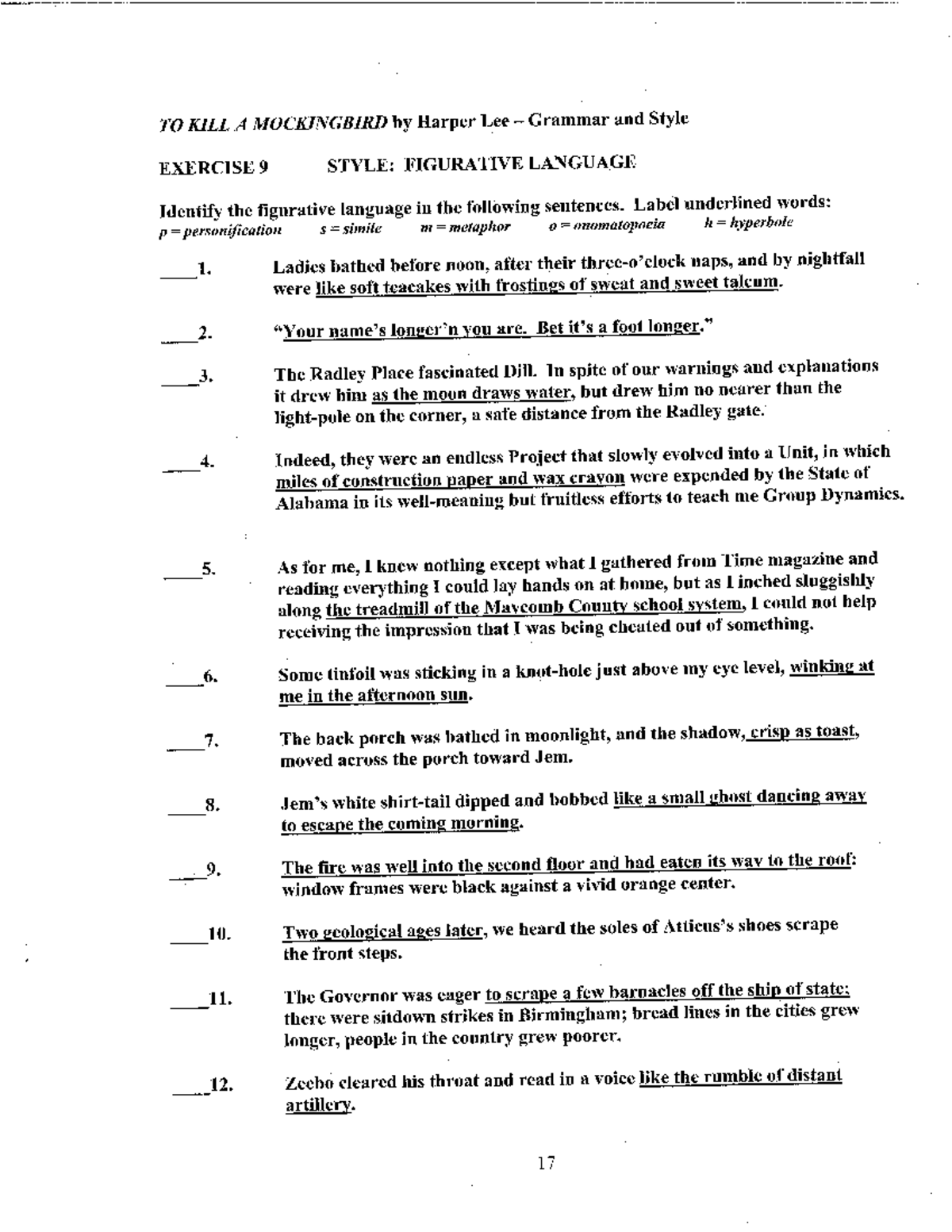 Ex 9 figurative language - TO KILL A MOCKINGBIRD Harper Lee Grammar and ...