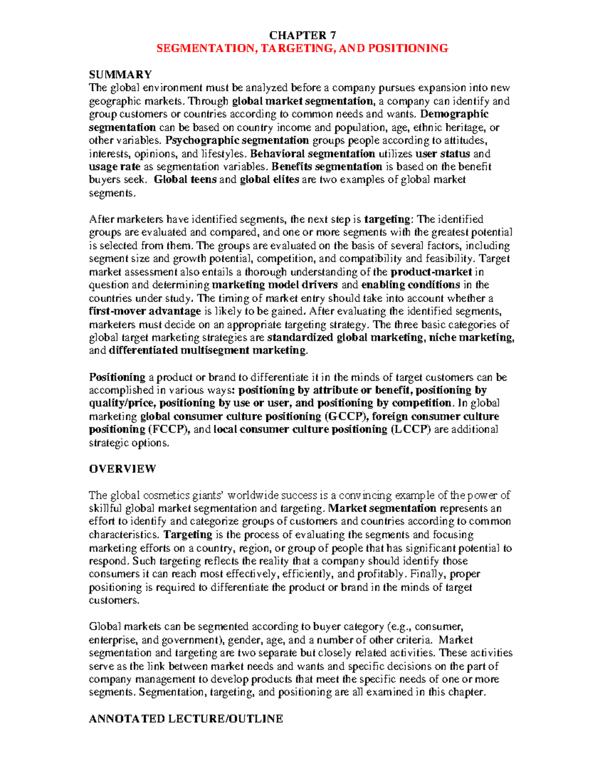 Ch07 Segmentation Targeting and Positioning - CHAPTER 7 SEGMENTATION, TARGETING, AND POSITIONING ...