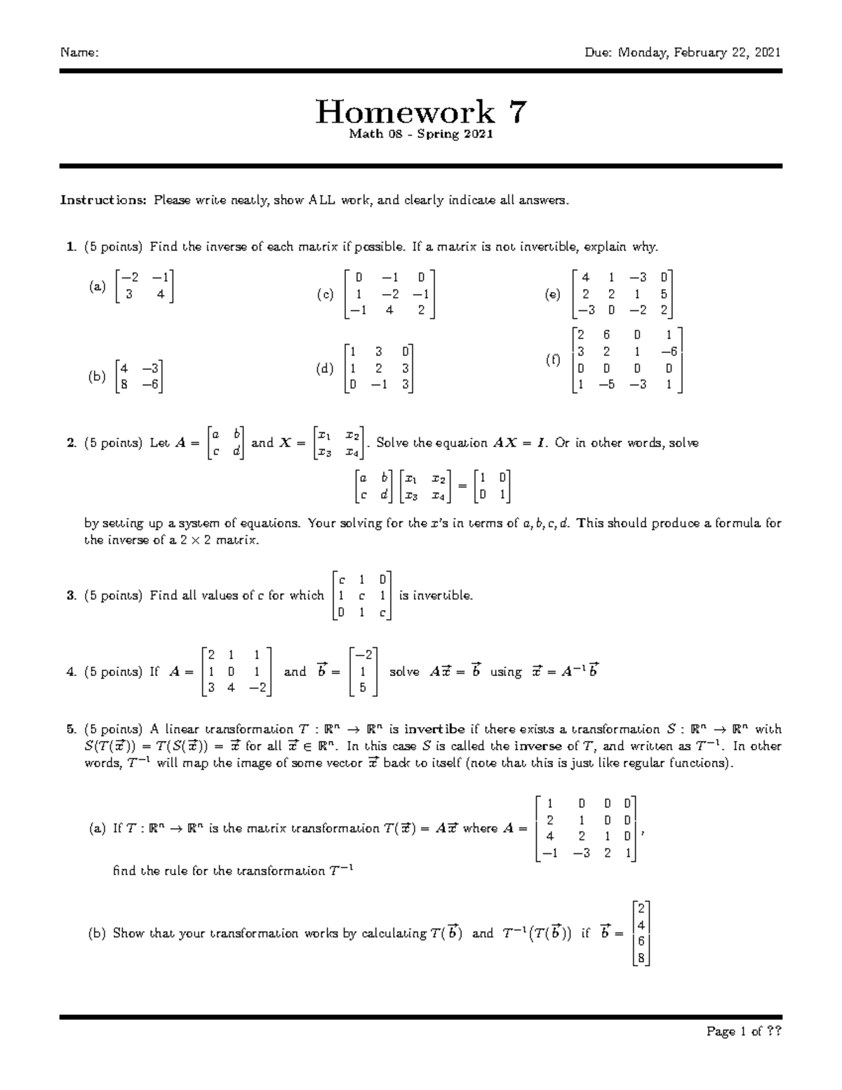 Homework 7 - Math 08 - Spring 2021 - Name: Due: Monday, February 22 ...