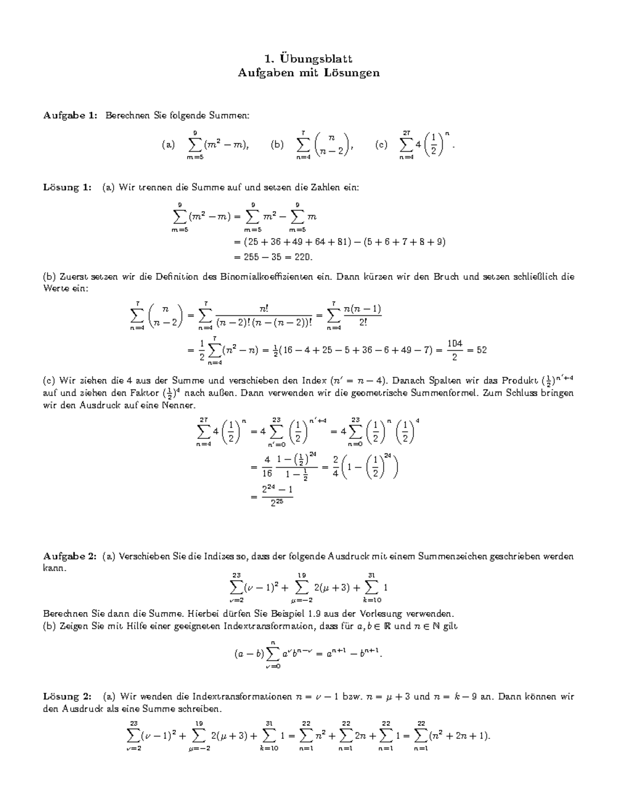 Mathe Summenzeichen - 1 ̈ Aufgaben mit L ̈osungen Aufgabe 1: Berechnen ...