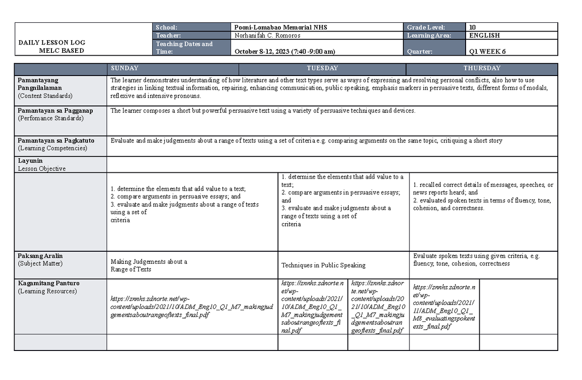 MELC DLL ENG 10 WEEK 6 Q1 DONE - DAILY LESSON LOG MELC BASED School: Pooni-Lomabao Memorial NHS ...