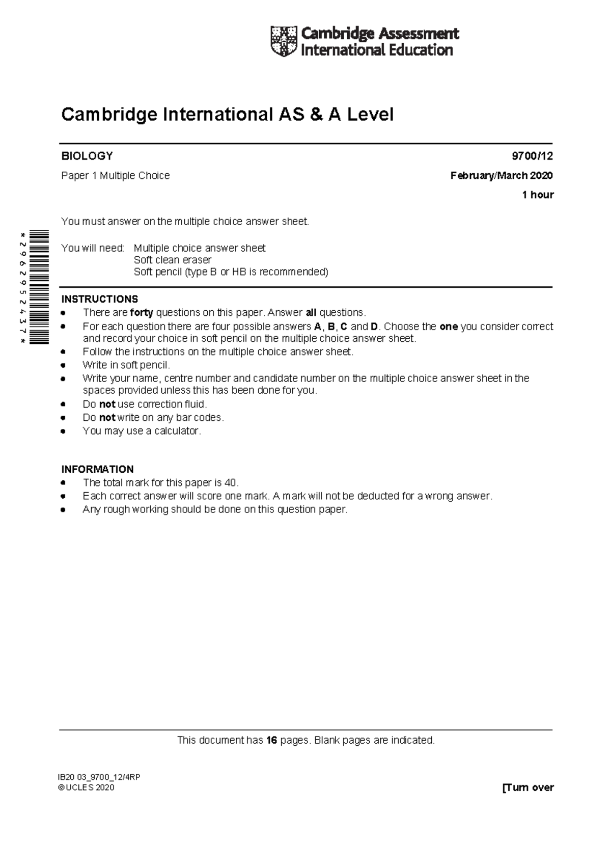 9700 M20 Qp 12 Lecture Notes 1 Only This Document Has 16 Pages Blank Pages Are Indicated