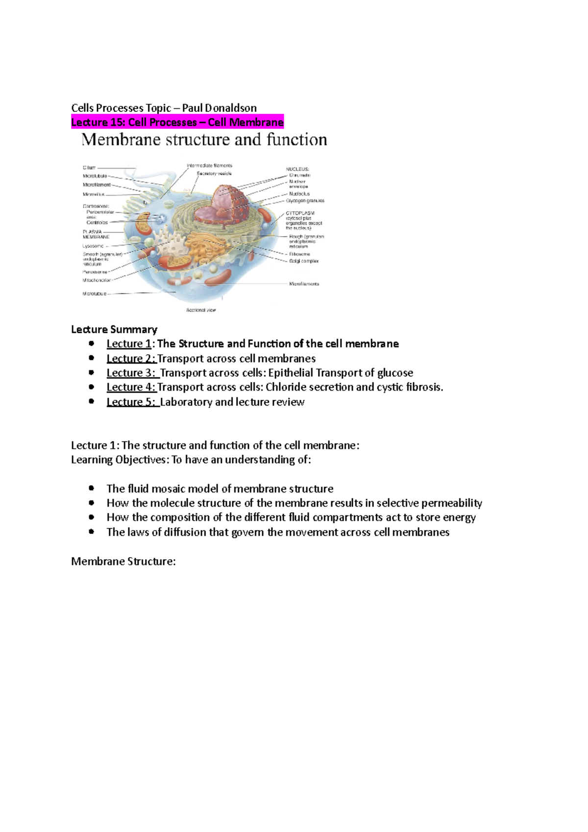 Biosci Lecture Notes EXAM - Cells Processes Topic – Paul Donaldson ...