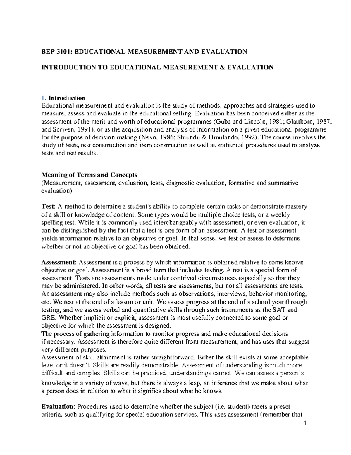 Education Measurement AND Evaluation - BEP 3101: EDUCATIONAL ...