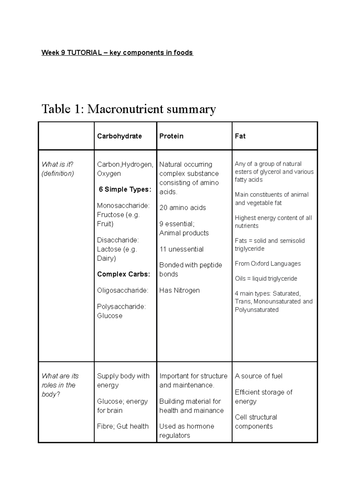 Week 9 Tutorial – key components in foods - Week 9 TUTORIAL – key ...