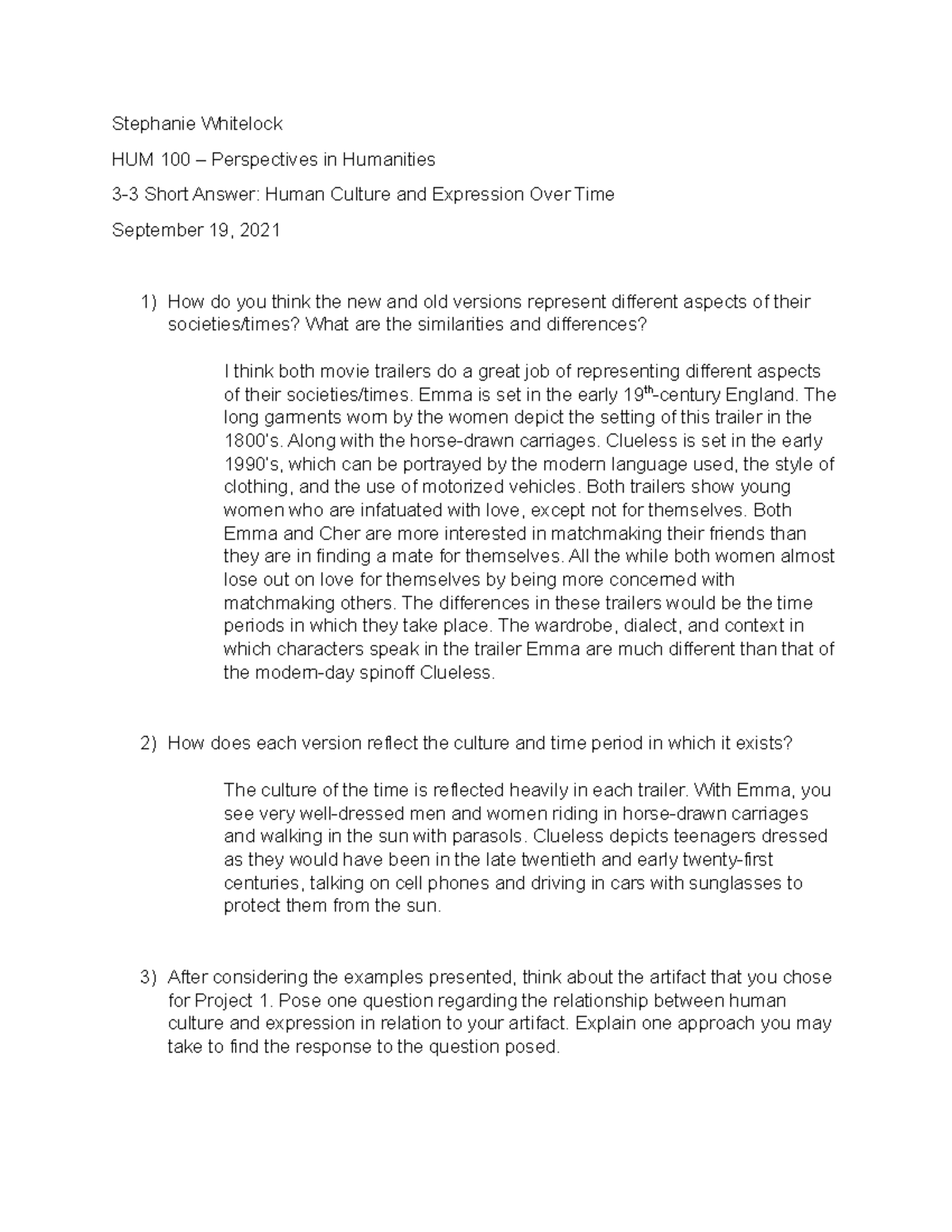 HUM 100 3-3 Short Answer Human Culture and Expression Over Time ...