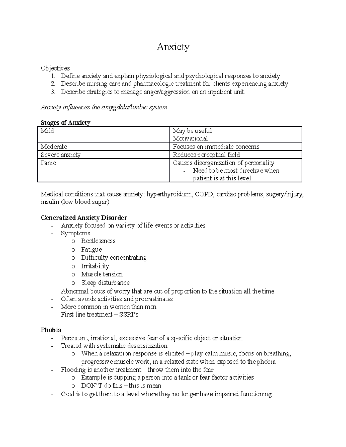Week 6 Anxiety - Lecture notes 6 - Anxiety Objectives 1. Define anxiety ...